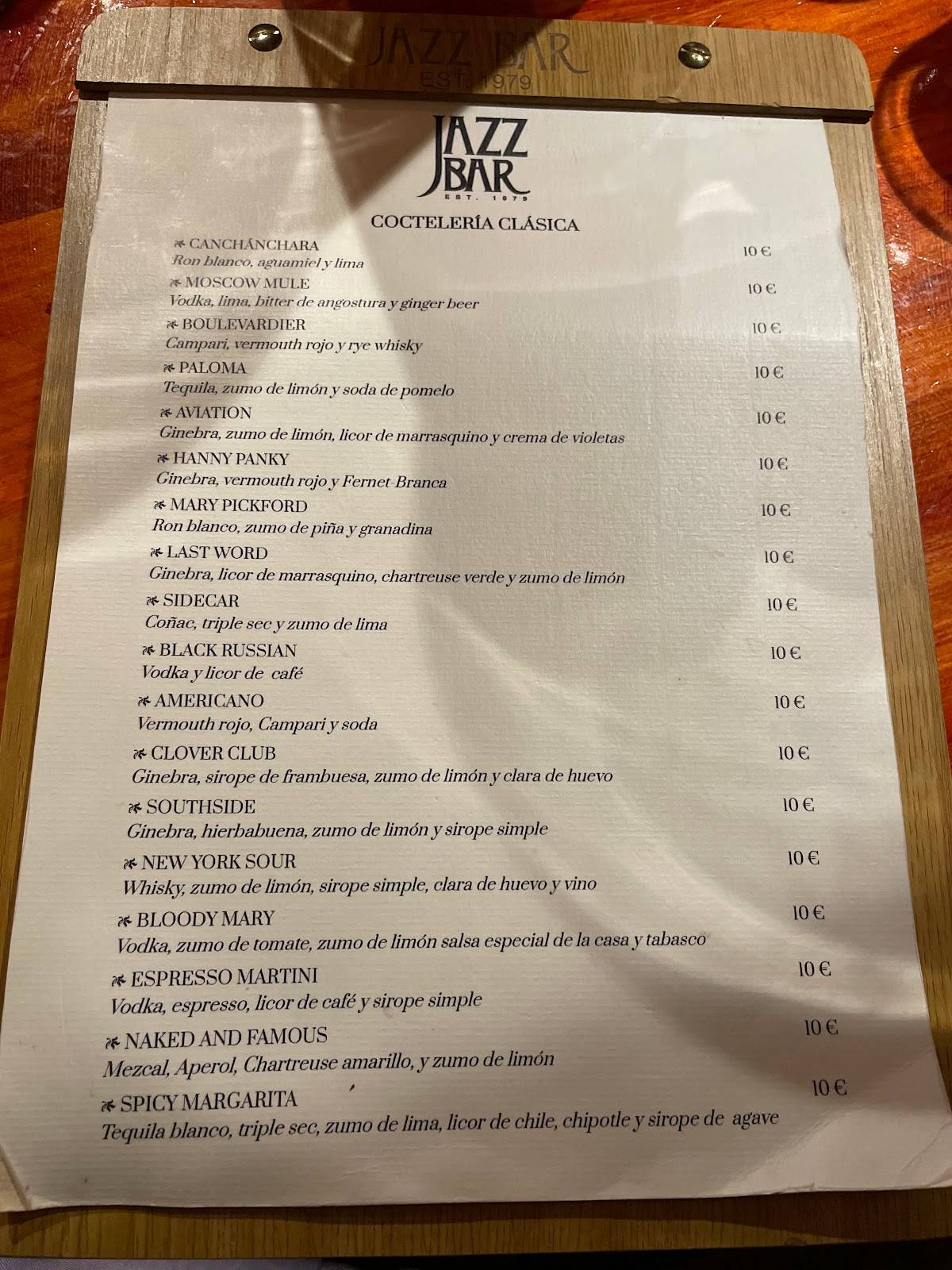 Menu at Jazz Bar, Madrid