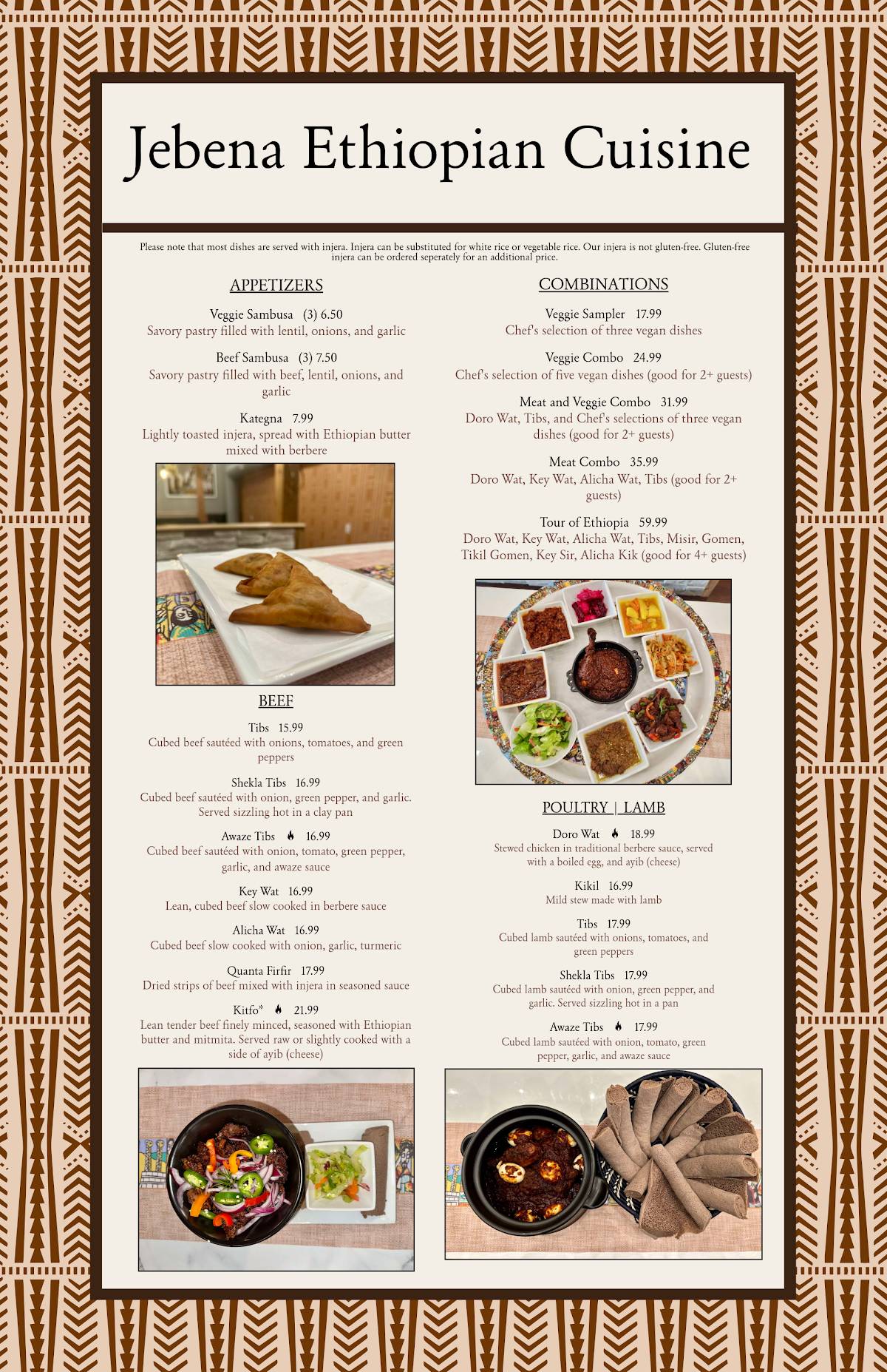 Menu at Jebena Ethiopian Cuisine restaurant, Worthington