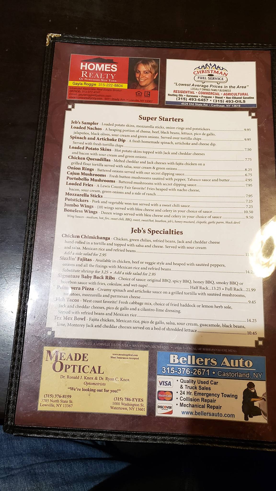 Menu at Jeb's Restaurant, Lowville