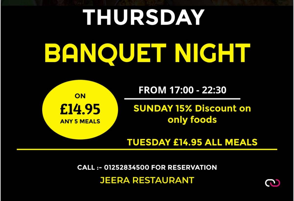 Menu at Jeera restaurant, Camberley