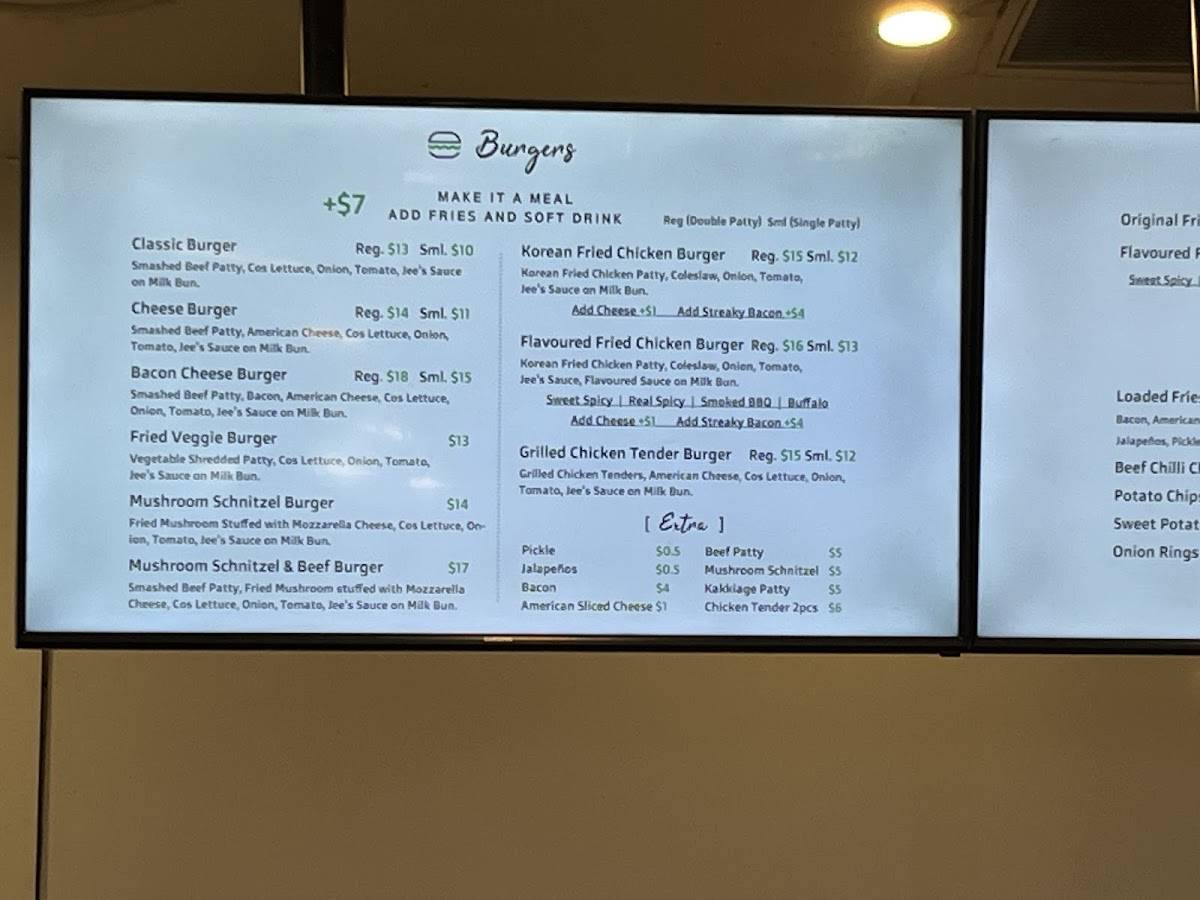 Menu at Jee’s Burger & Chicken fast food, Brisbane City
