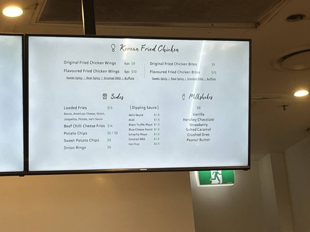 Menu at Jee’s Burger & Chicken fast food, Brisbane City