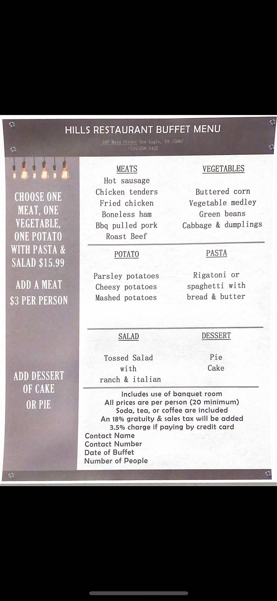 Menu at Hills Restaurant, New Eagle, 107 Main St