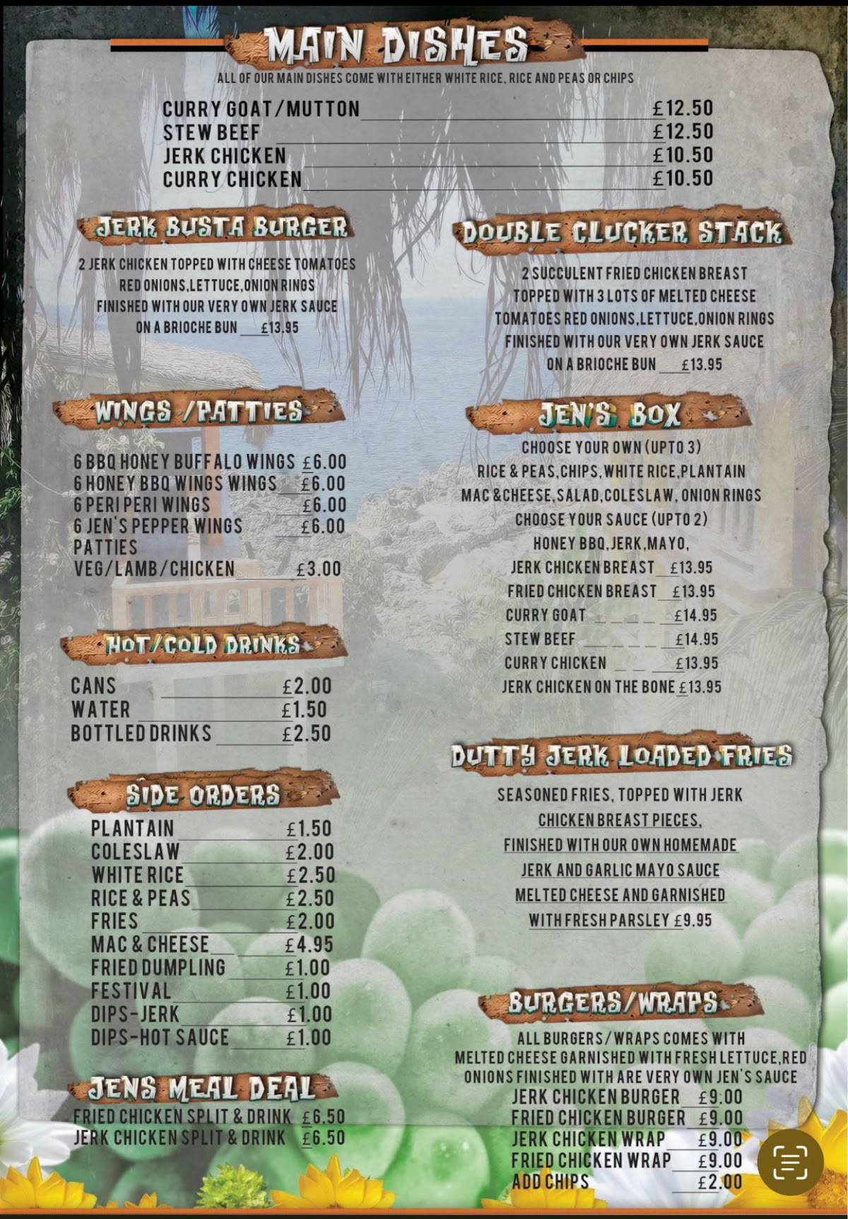 Menu at Jen Jen’s Caribbean kitchen restaurant, Wakefield