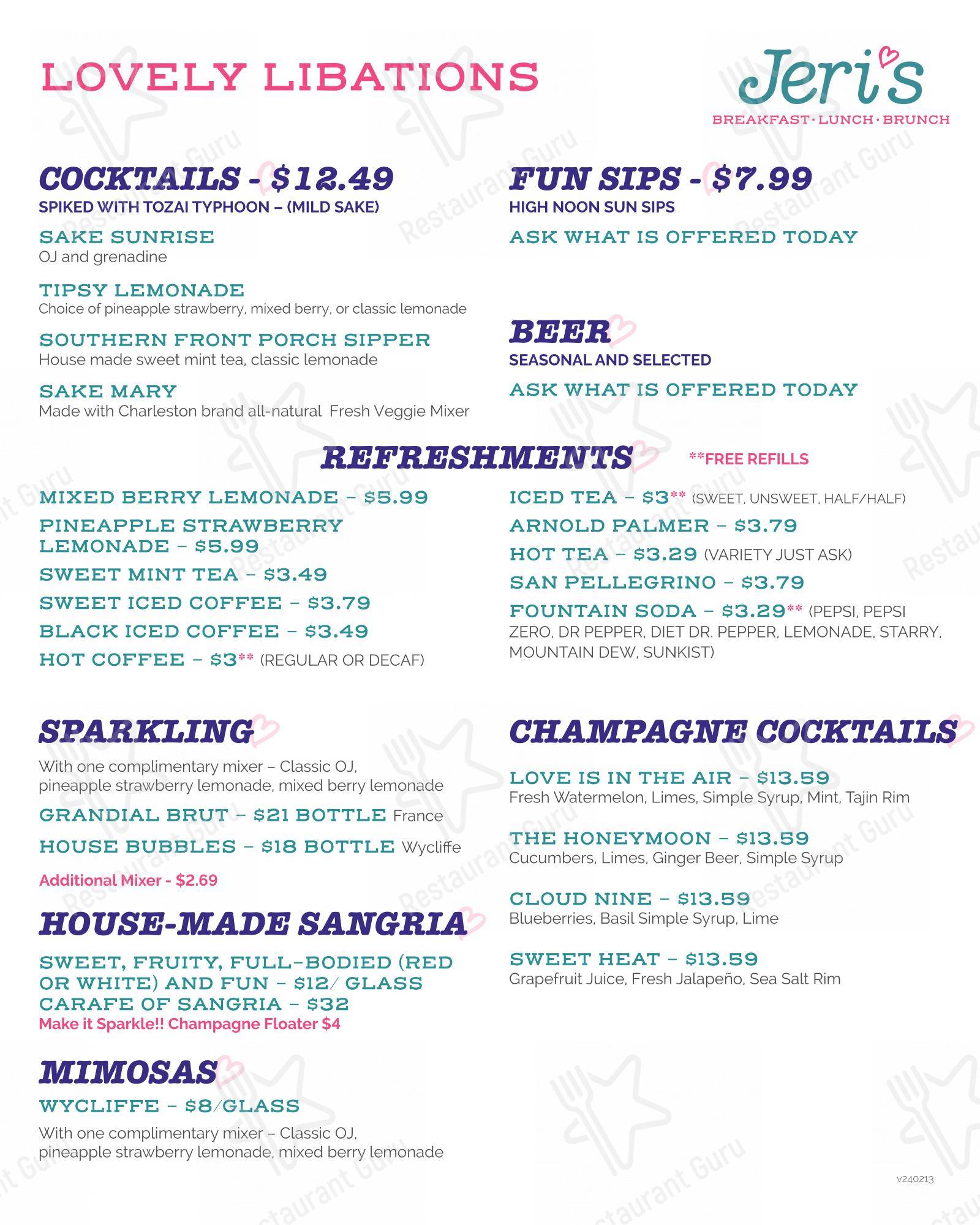 Carta de Jeri's Midtown Cafe, Tallahassee