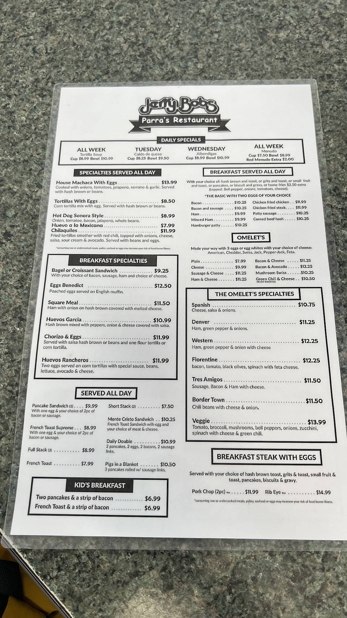 Menu at Jerry Bob's Restaurant, Tucson, E Valencia Rd