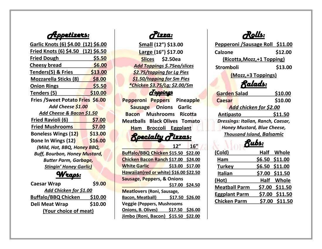 Menu at Jim Jam's Pizza & More restaurant, Worcester