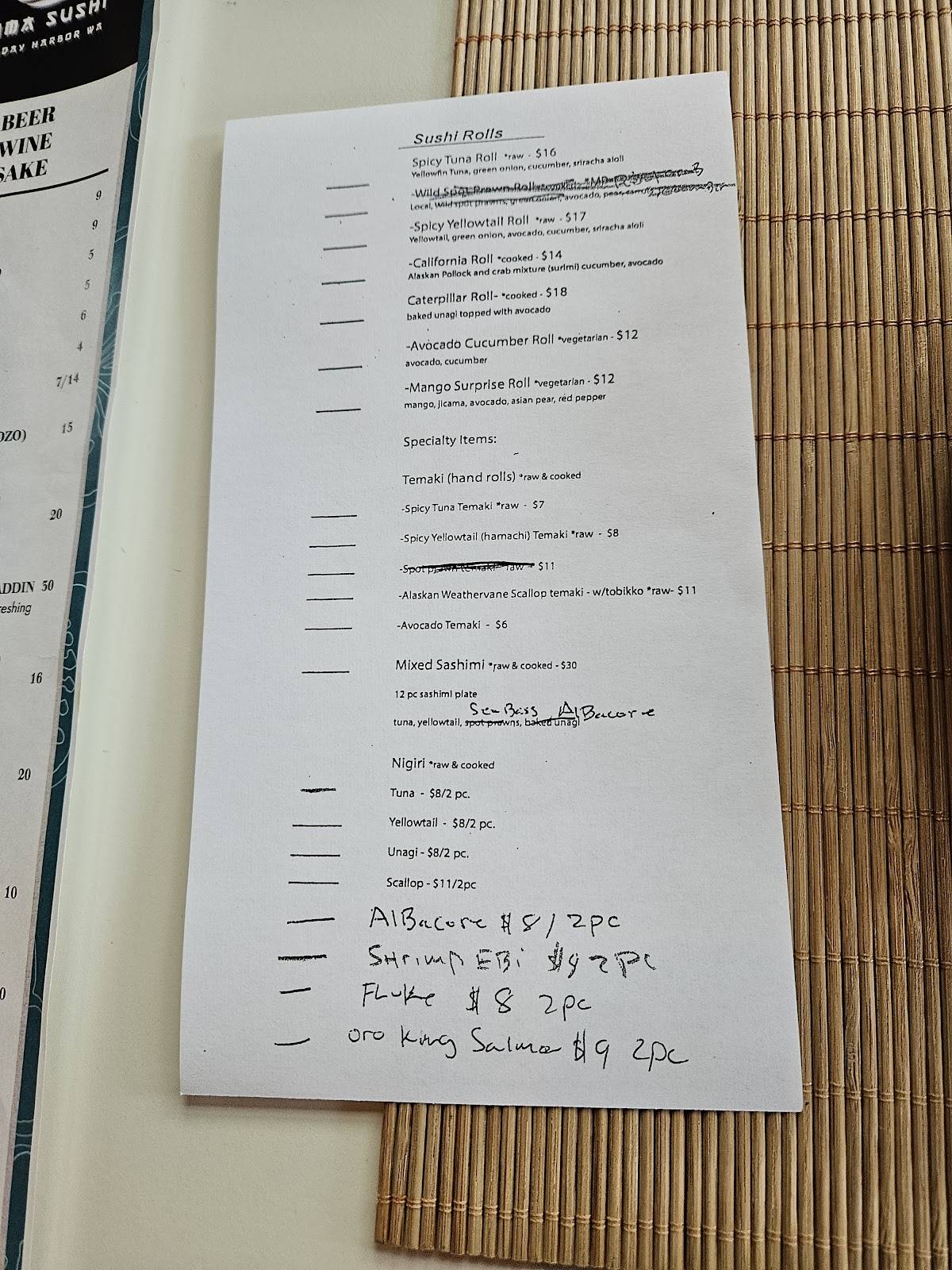 Menu at Jima Sushi Friday Harbor restaurant, Friday Harbor
