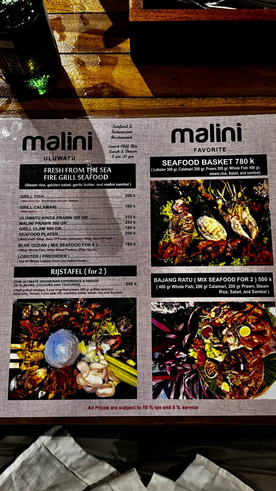 Menu at Malini Uluwatu - SEAFOOD & SUNSET restaurant, Pecatu