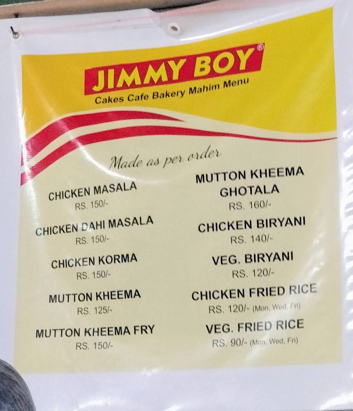 Menu at Jimmy Boy Mahim, Mumbai
