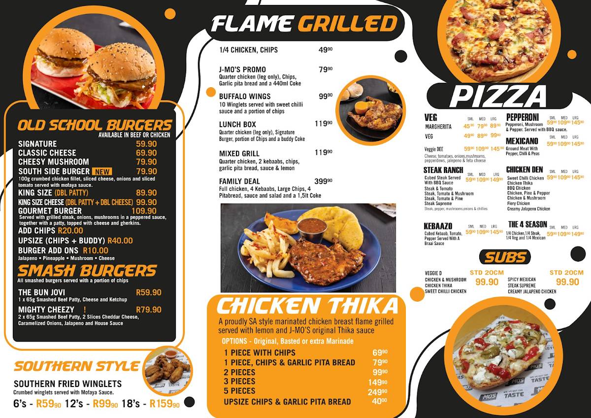 Menu at Jmo's Westwood Mall Halaal restaurant, Durban