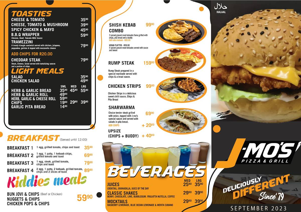 Menu at Jmo's Westwood Mall Halaal restaurant, Durban