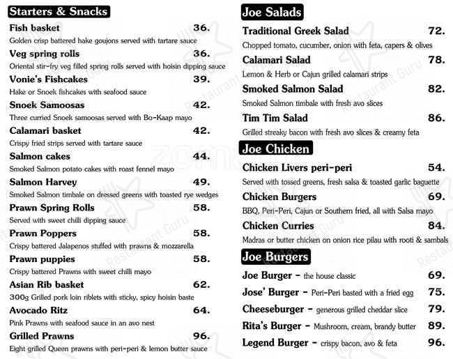 Menu at Joe Fish restaurant, Cape Town, 12 Glen Roy Rd