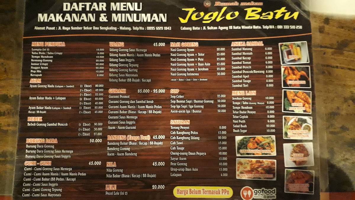 Menu at Joglo Batu restaurant, Batu