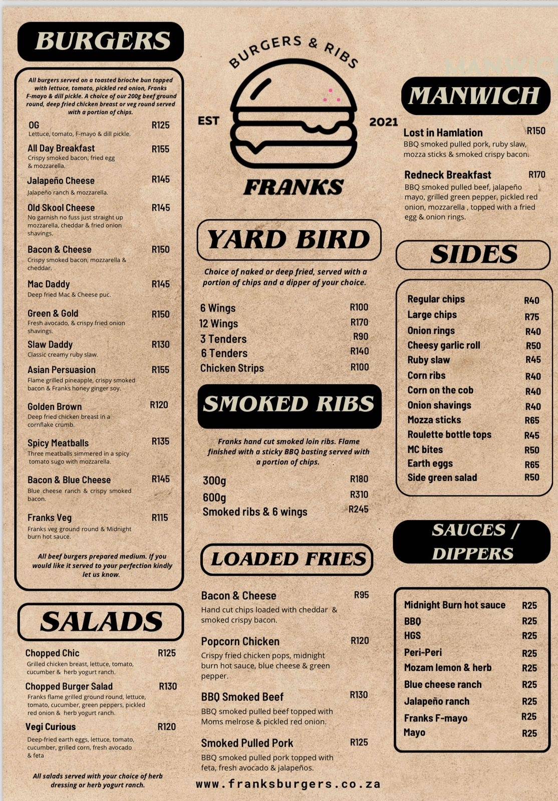 Menu at Franks Burgers & Ribs Blairgowrie restaurant, Johannesburg