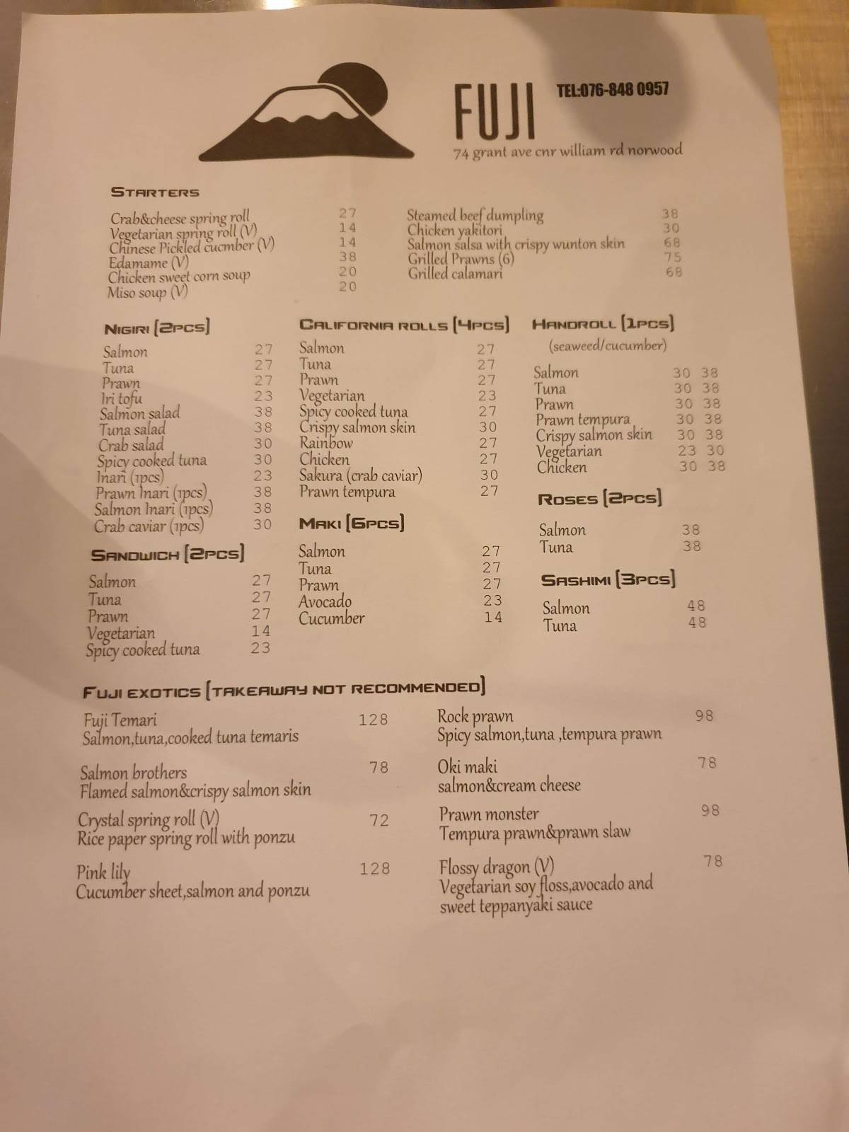 Carta de Fuji Asian Restaurant, Johannesburgo