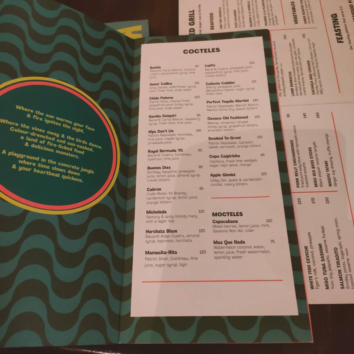 Menu at MAMASAMBA pub & bar, Johannesburg