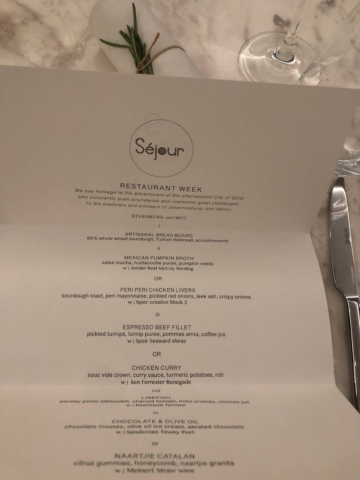 Menu at Séjour restaurant, Johannesburg, Lloys Ellis Ave