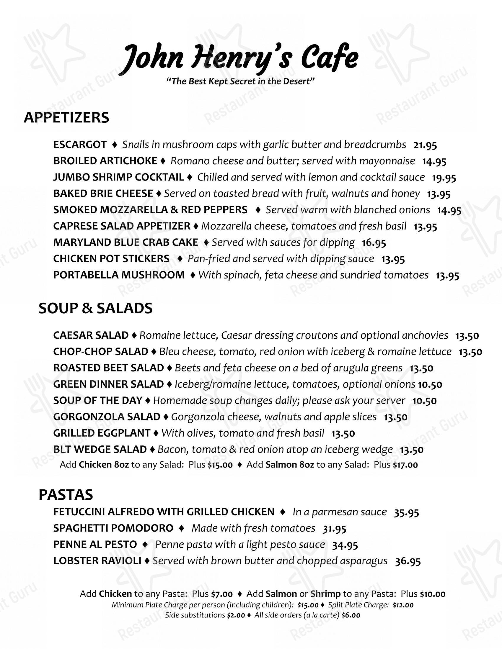 Menu at John Henry's Cafe, Palm Springs