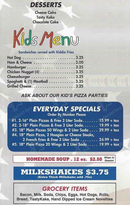 Menu at Johnny B's All American Pizza restaurant, Philadelphia