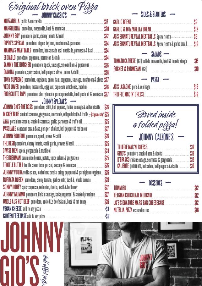 Carta de pizzería Johnny Gio's Pizza Five Dock, Five Dock