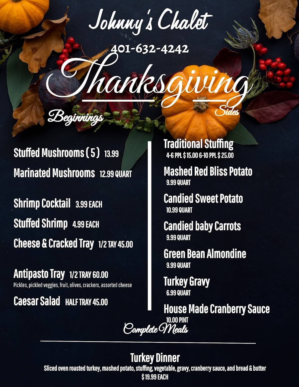 Menu at Johnny's Chalet restaurant, Warwick