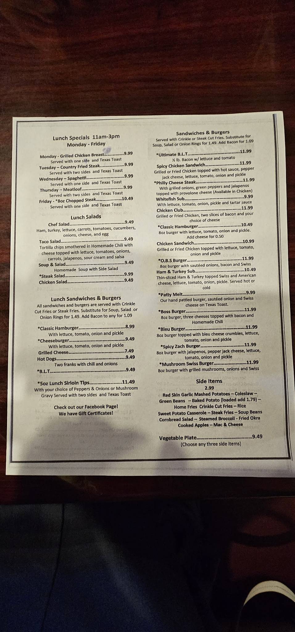 Menu at Zachary’s steakhouse, Kingsport