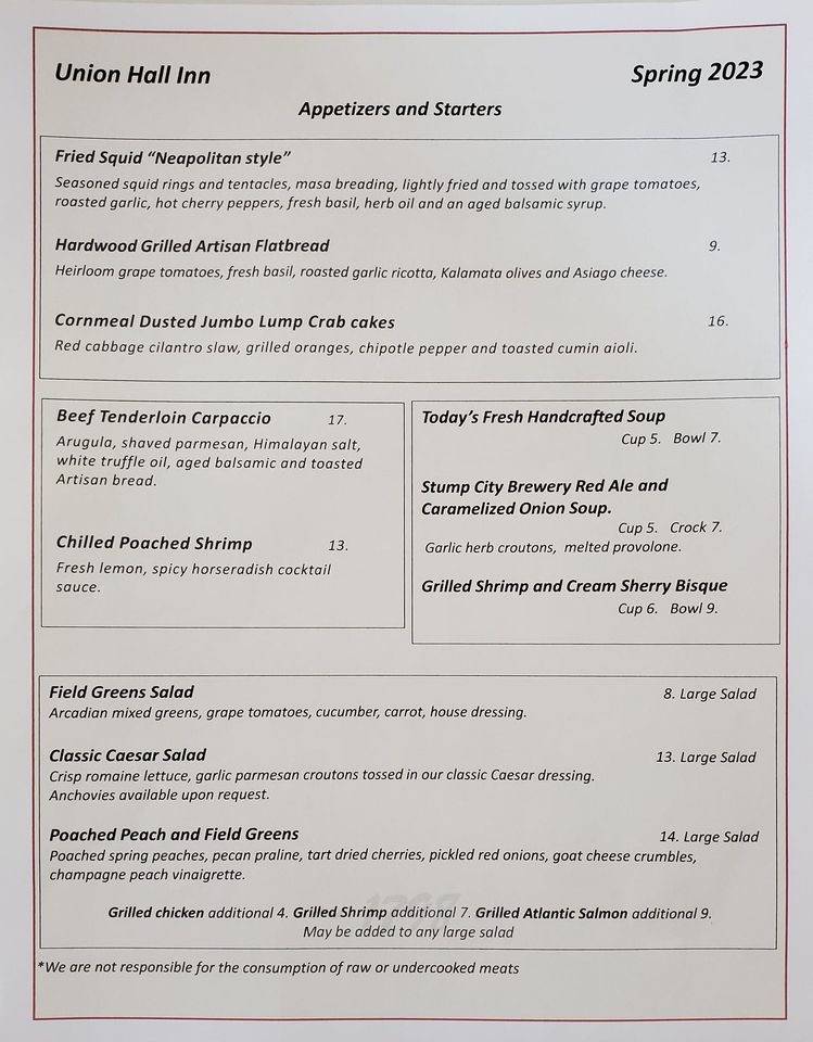 Menu at Union Hall Inn Restaurant & Catering, Johnstown