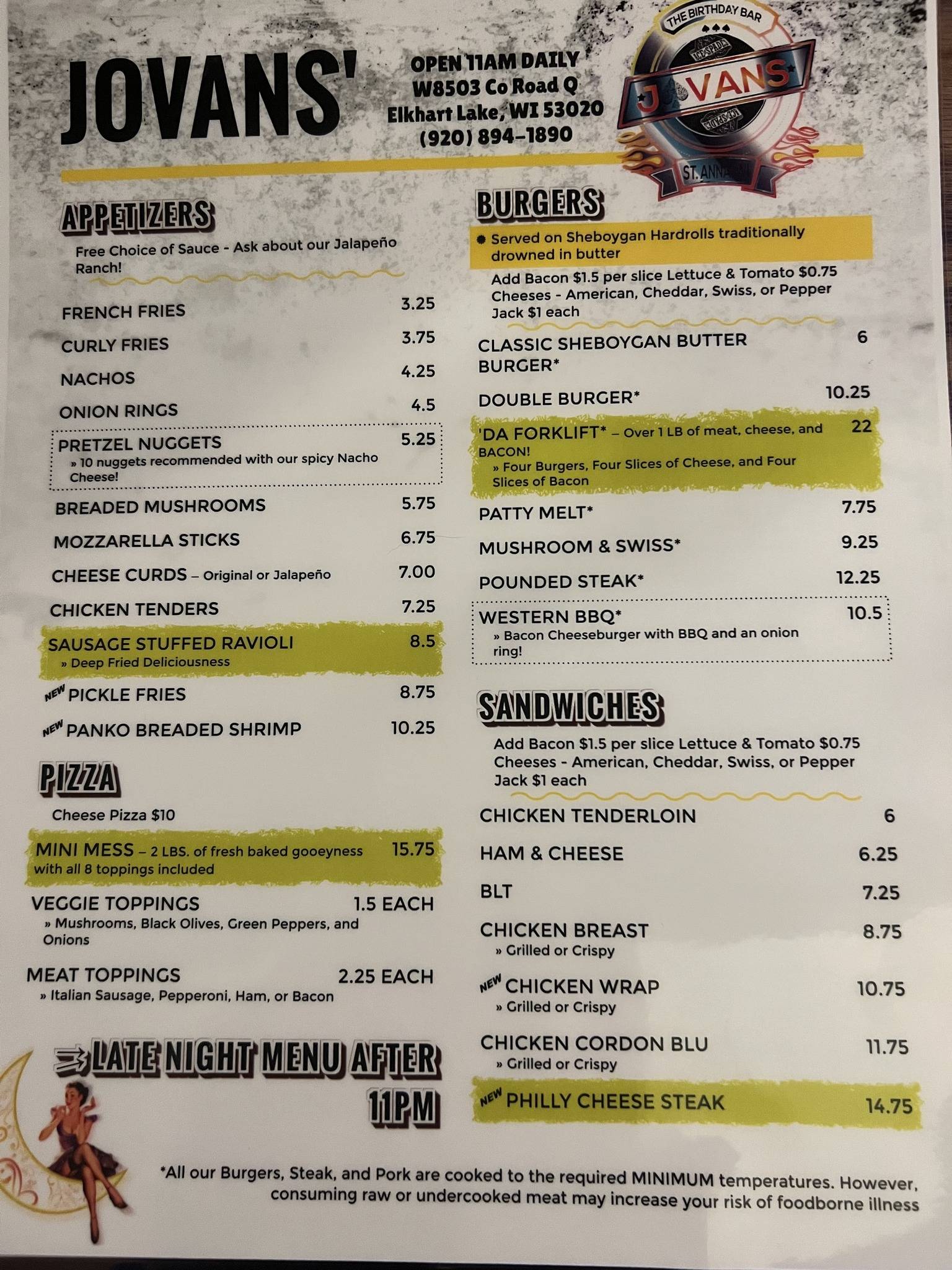 Menu at Jovans' Pub, Saint Anna