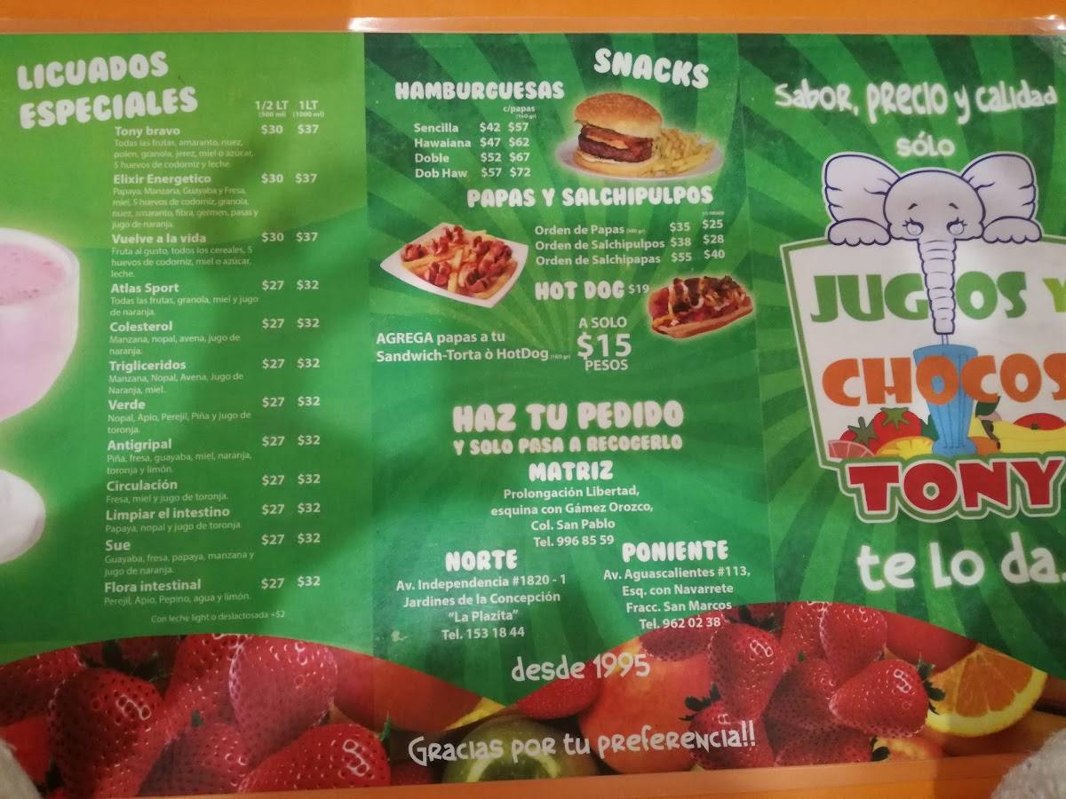 Carta del pub y bar Jugos y Chocos Tony, Aguascalientes, Av ...