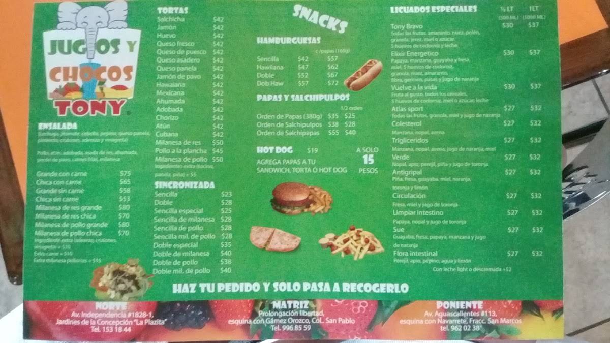 Carta del pub y bar Jugos y Chocos Tony, Aguascalientes, Av ...