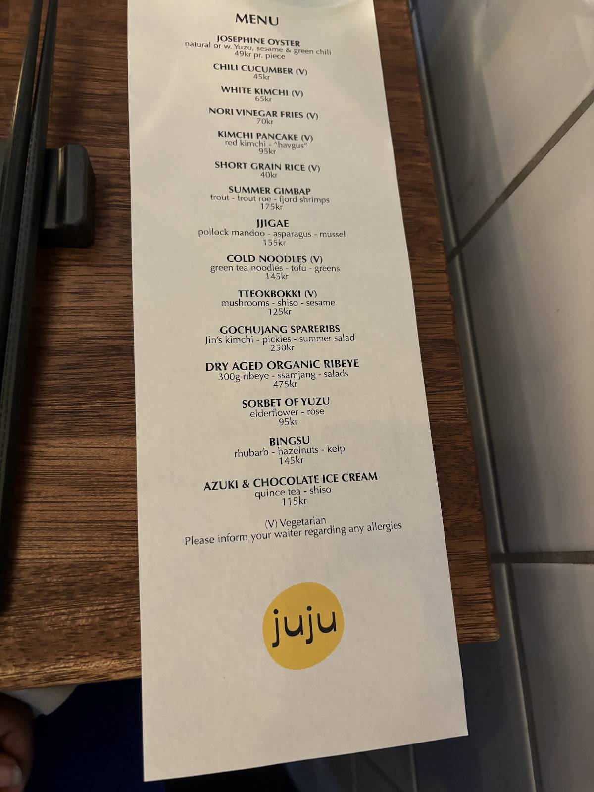 Menu at Juju restaurant, Copenhagen
