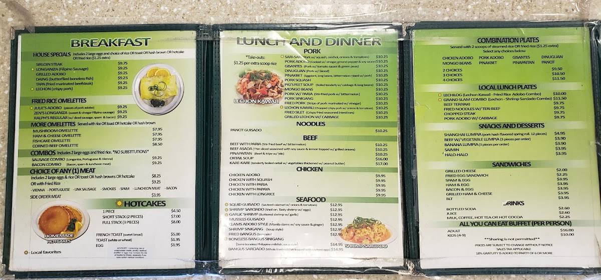 Menu at Julie'Z restaurant, Kapolei