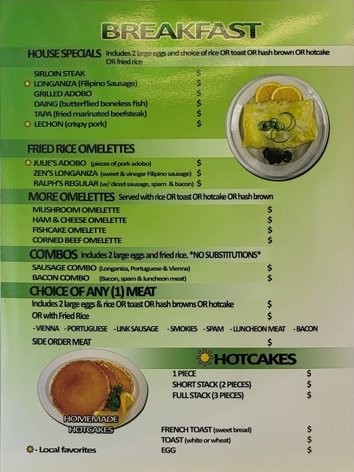 Menu at Julie'Z restaurant, Kapolei