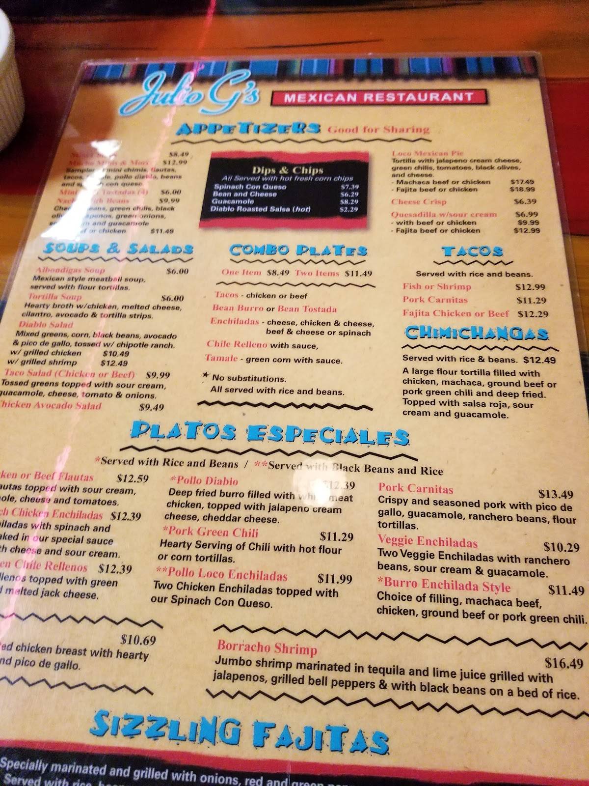 Menu at Julio G's Mexican Restaurant, Phoenix, N Tatum Blvd