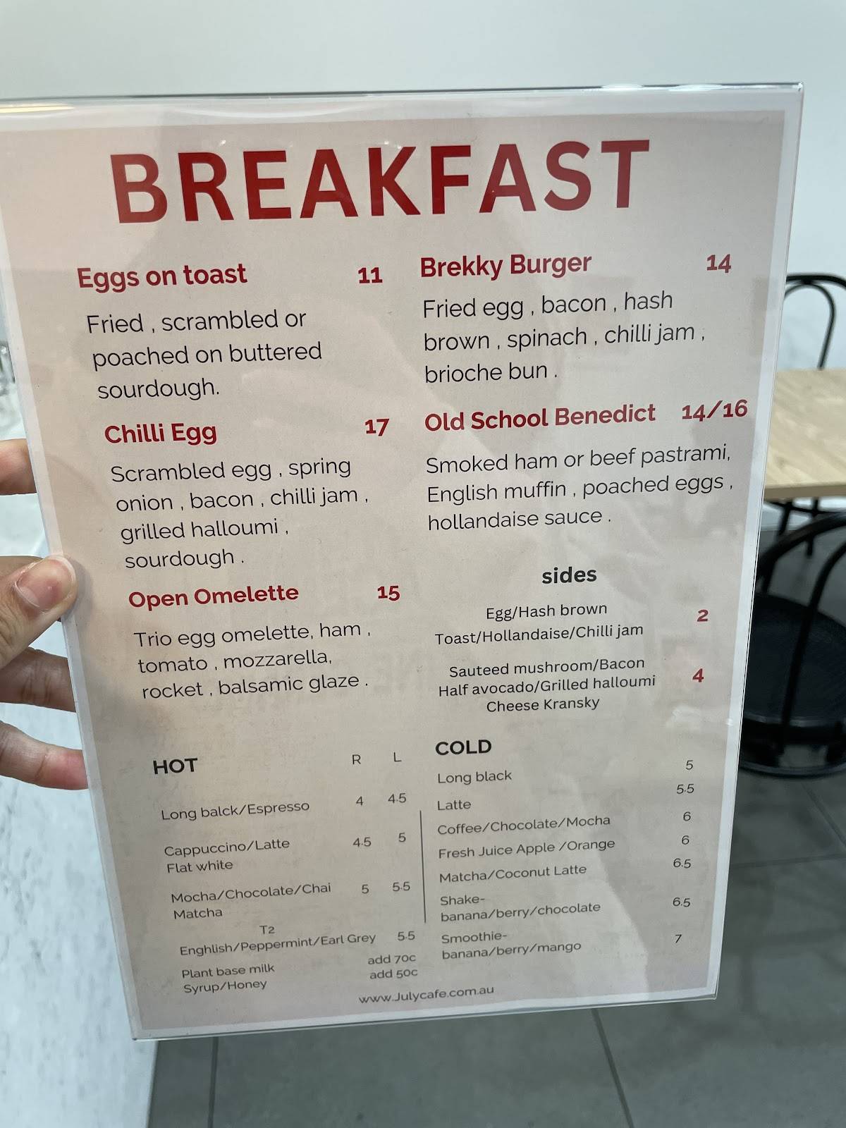 Carta de July Cafe, Bentleigh