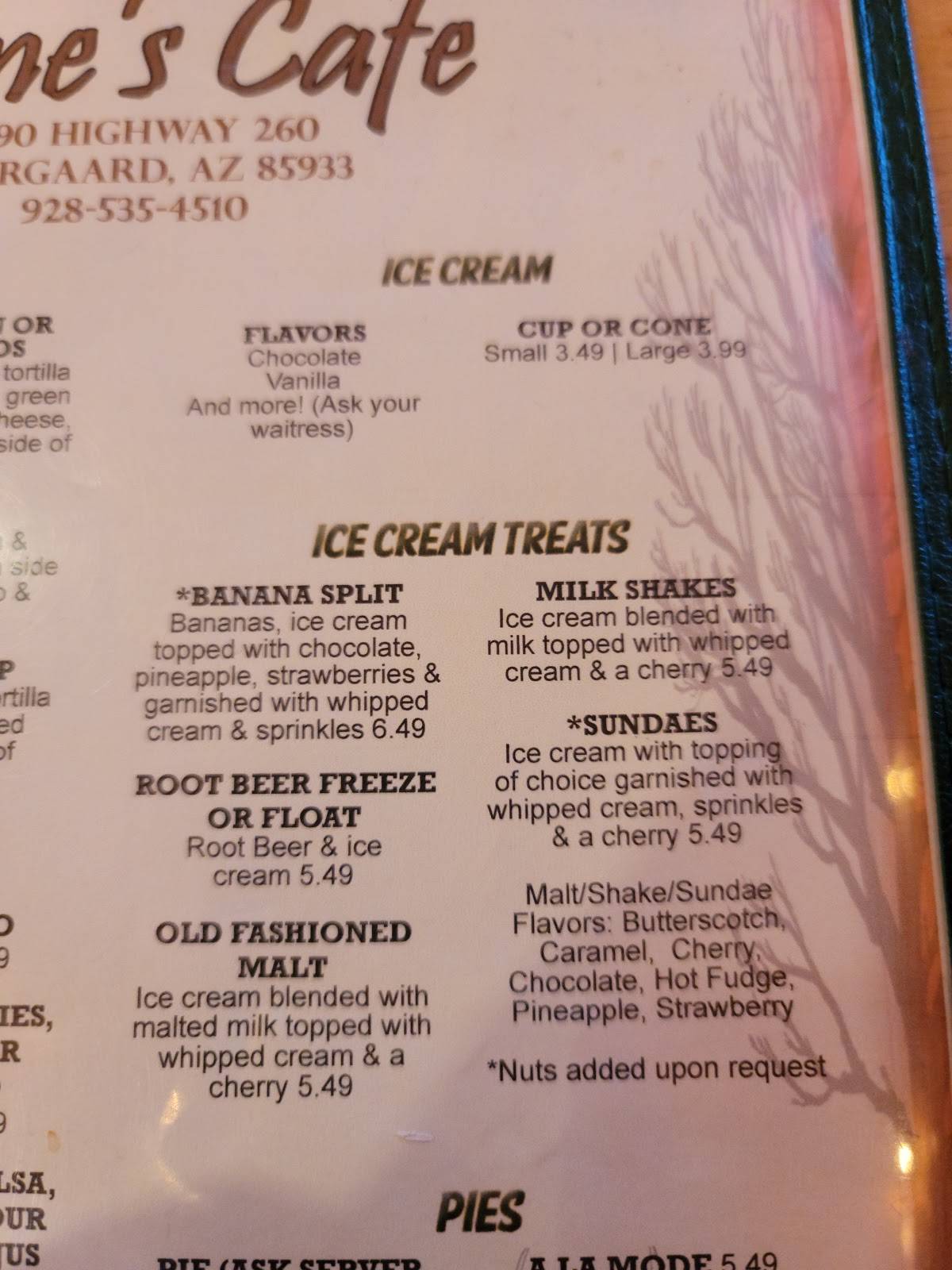 Menu at June's Cafe, Heber-Overgaard