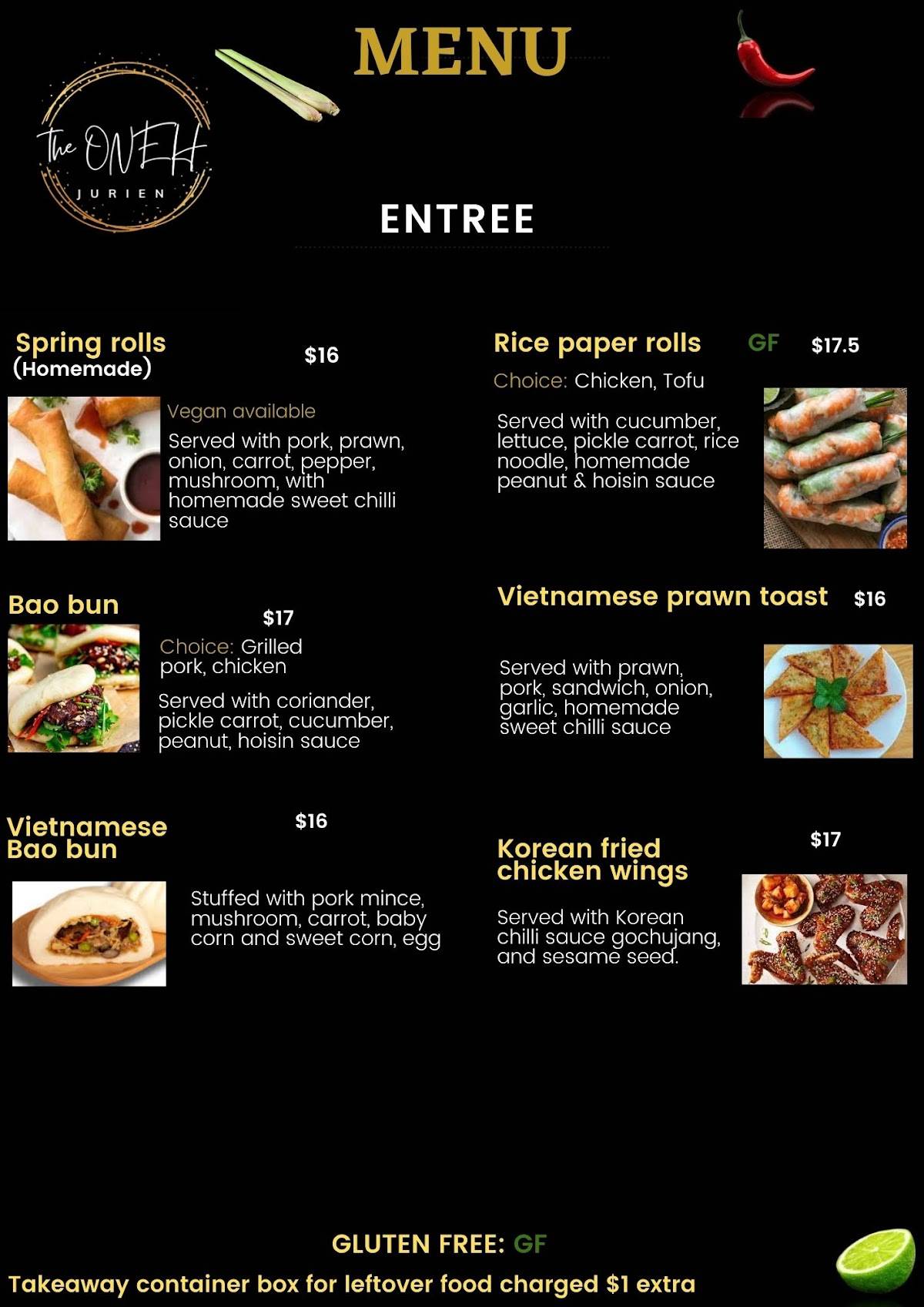 Menu at The Oneh Jurien restaurant, Jurien Bay