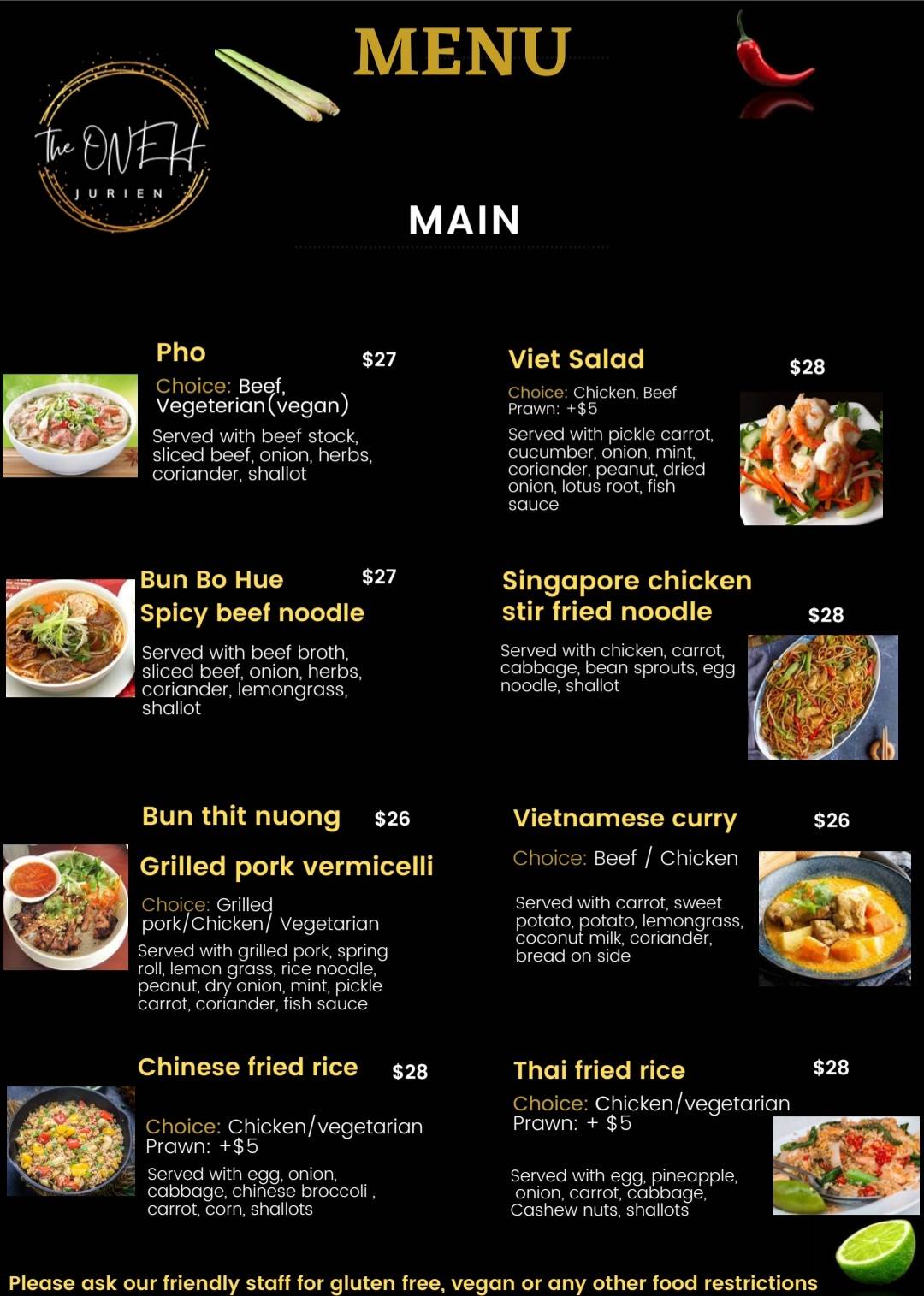 Menu at The Oneh Jurien restaurant, Jurien Bay