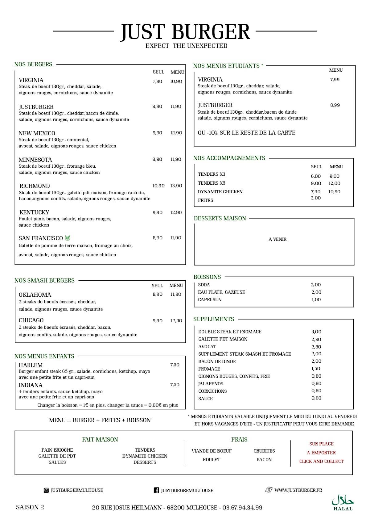 Menu at Just Burger restaurant, Mulhouse
