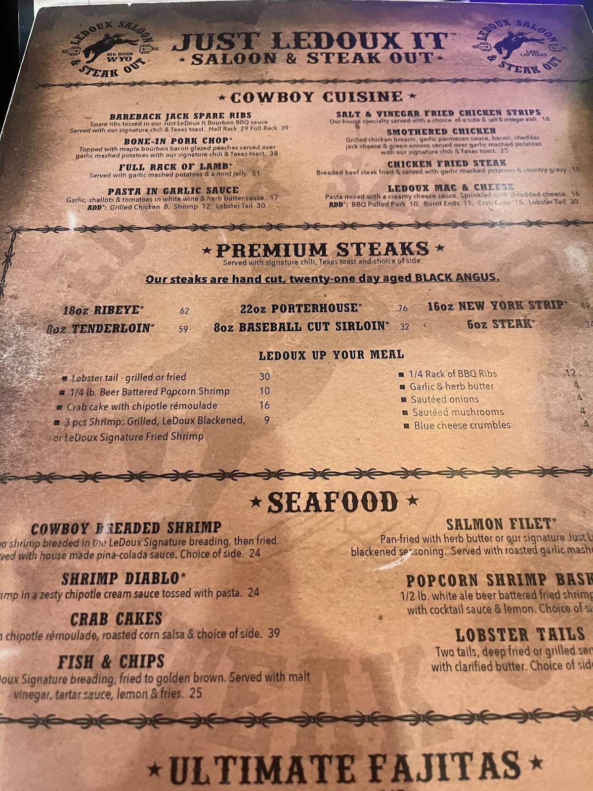 Menu at Just LeDoux It Saloon & Steak Out pub & bar, Big Horn, 158 ...