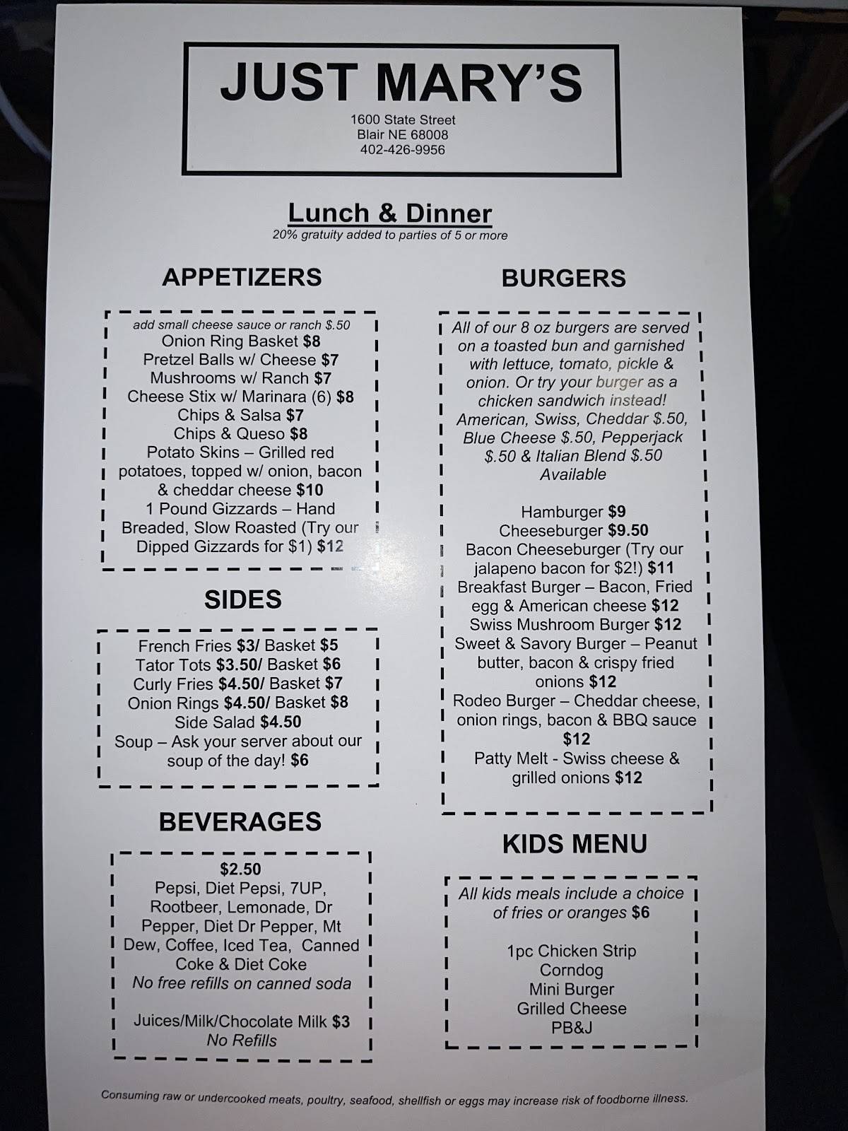 Menu at Just Mary’s pub & bar, Blair