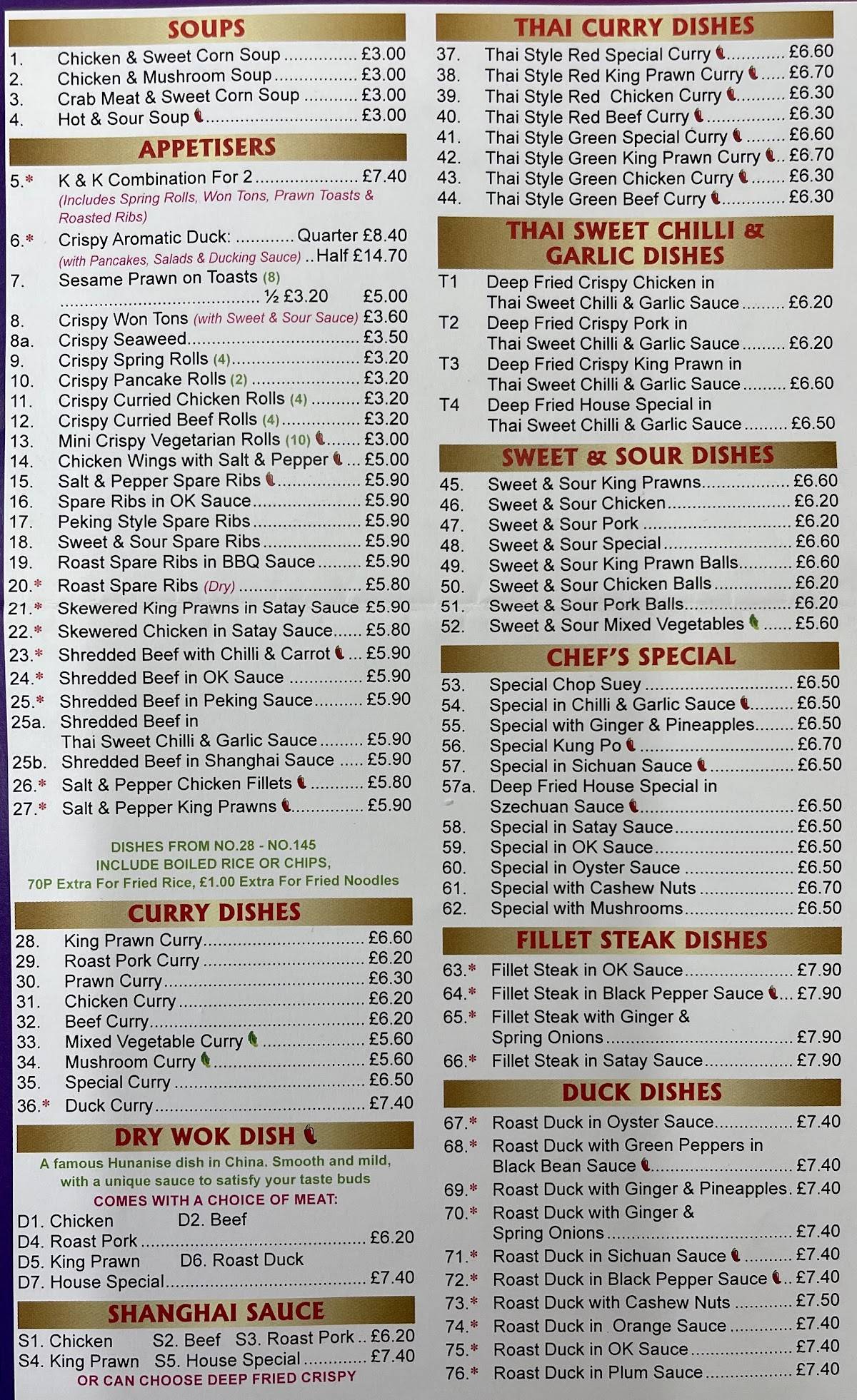 Menu at K & K Chinese Takeaway restaurant, Warmfield