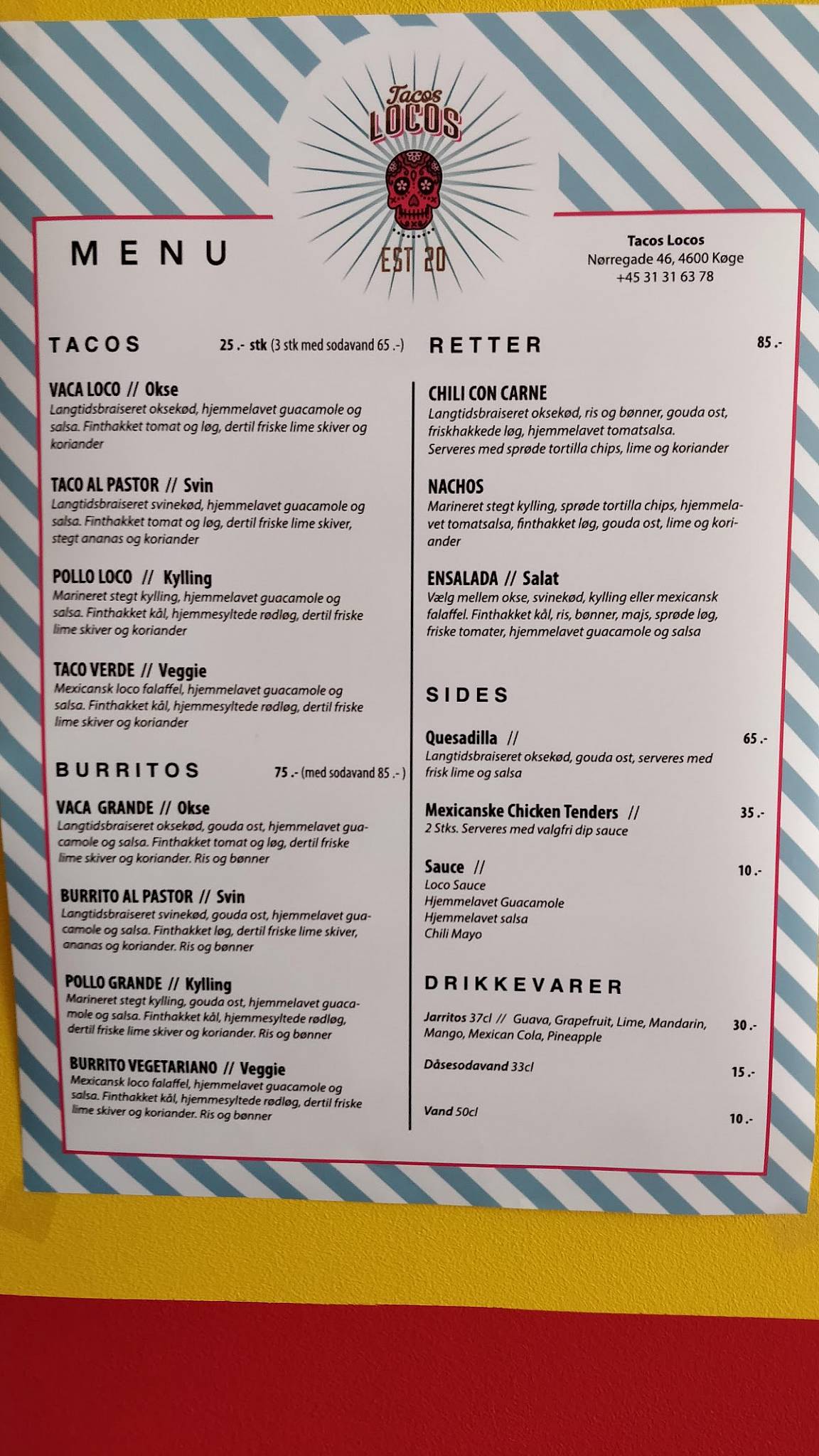 Menu at Tacos Locos restaurant, Køge