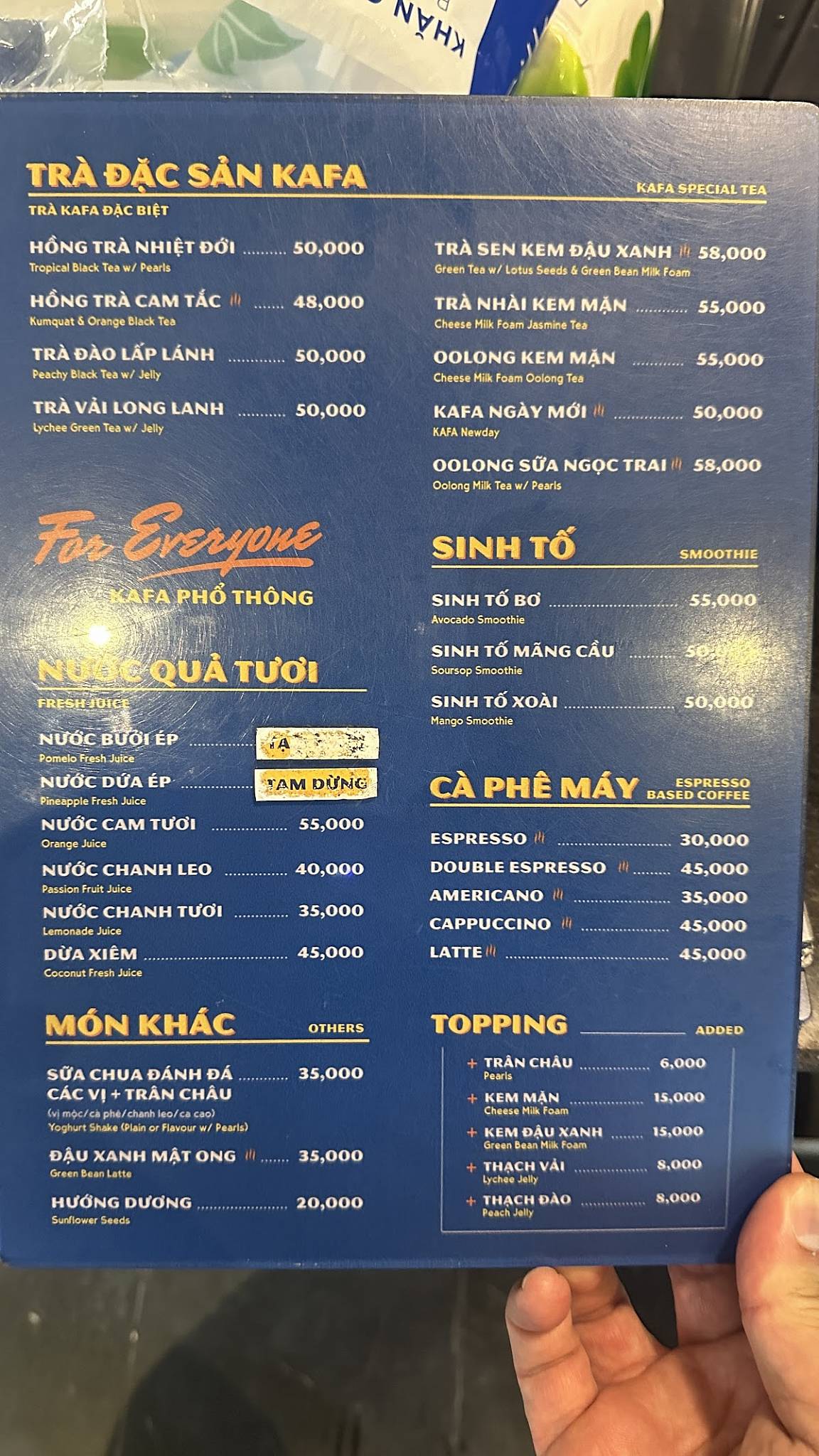 Menu at KAFA Cafe, Hanoi, 100 P. Cầu Gỗ