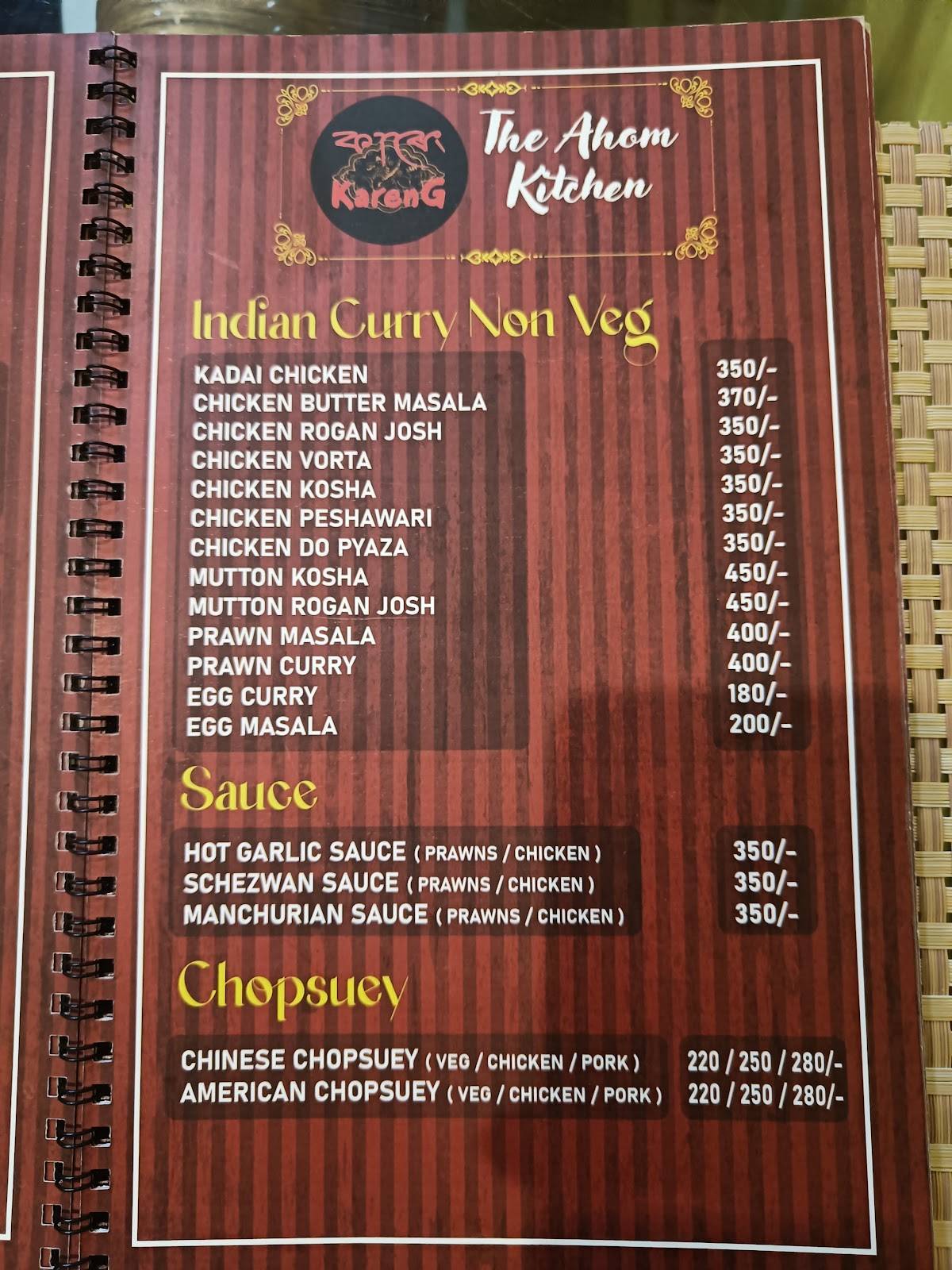 Menu at KARENG the Ahom Kitchen, Guwahati, Jatiya Swahid Path