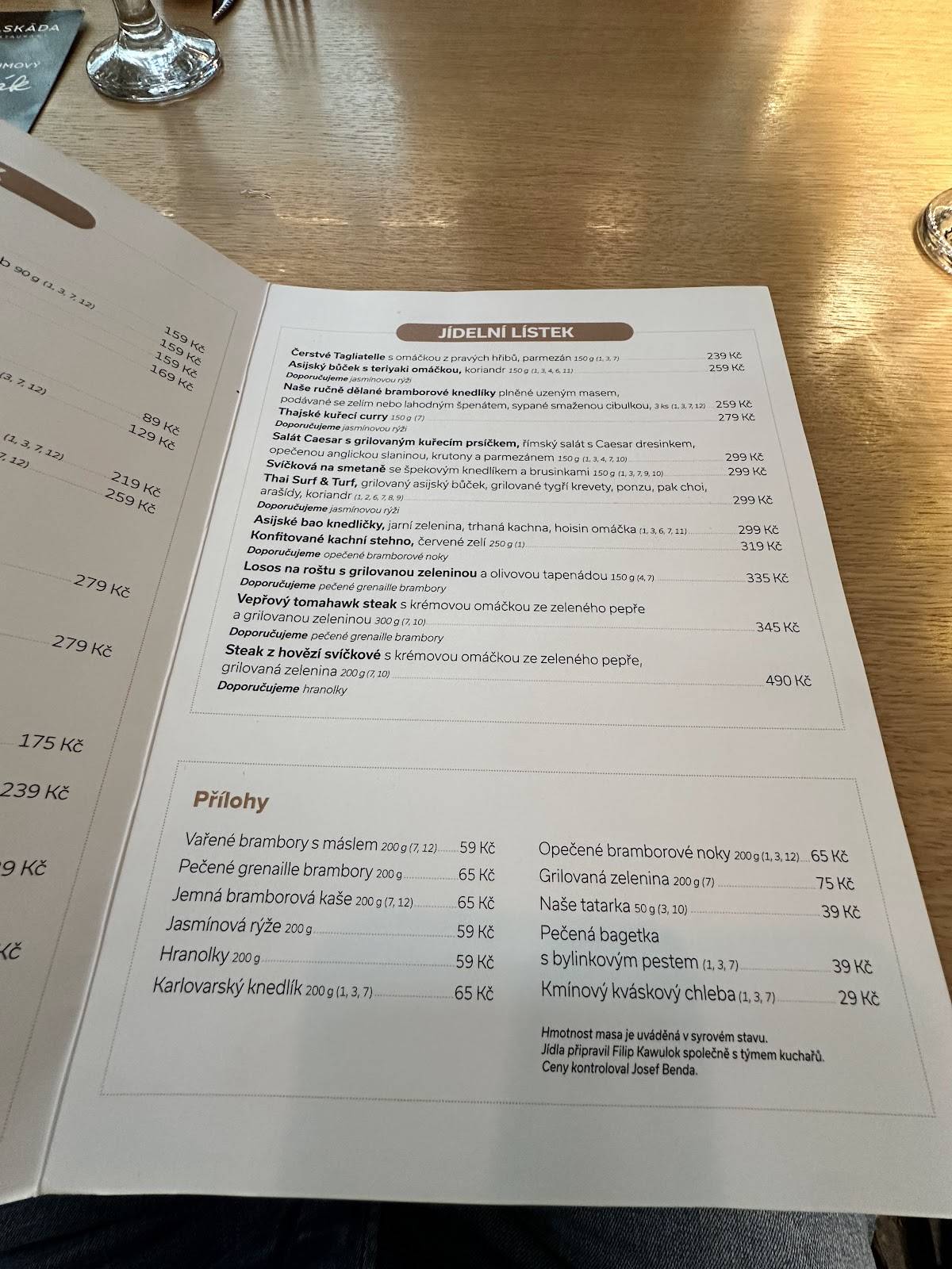 Menu at KASKÁDA restaurant, Ostrava, Jantarová 3344/4