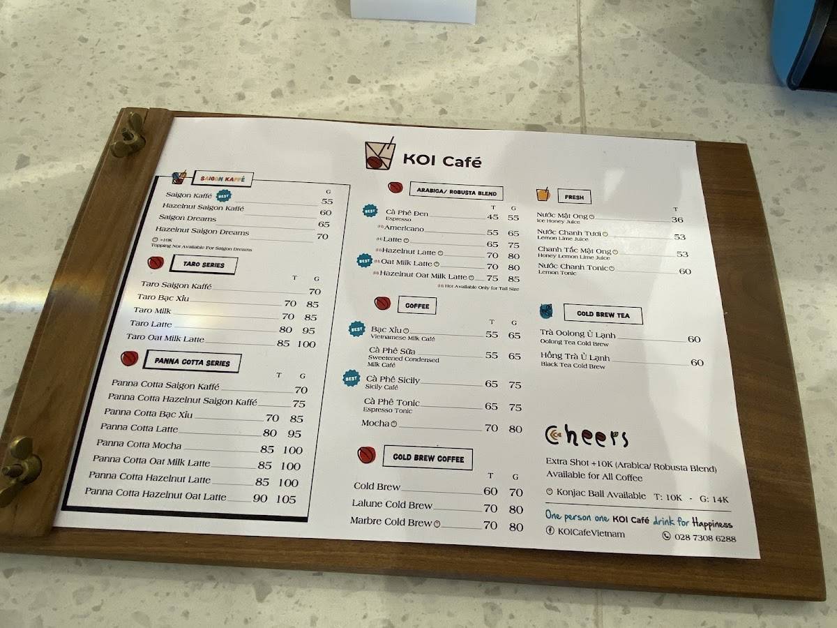 Menu at KOI Café Pasteur restaurant, Ho Chi Minh City