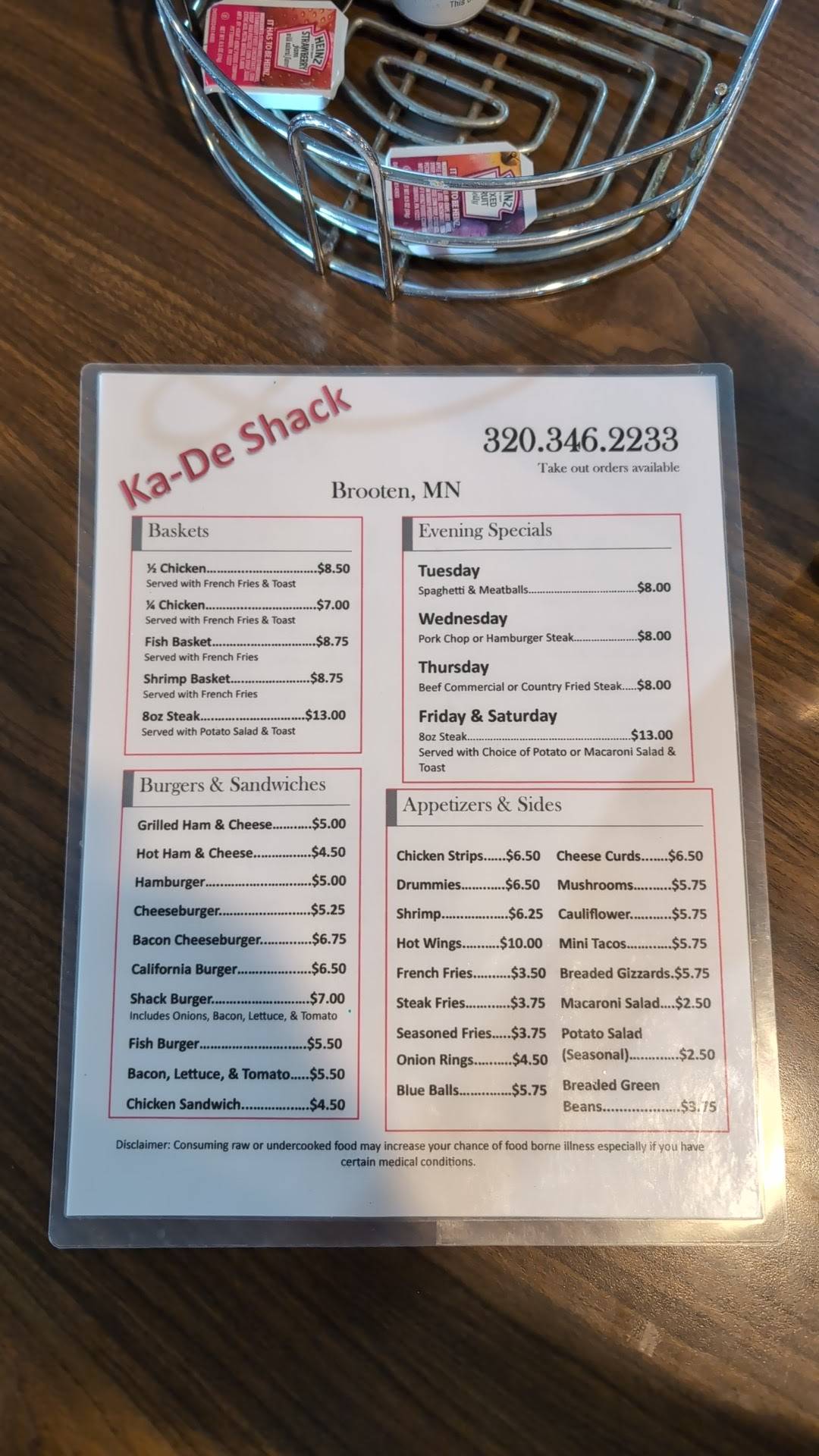 Menu at Ka-De-Shack pub & bar, Brooten
