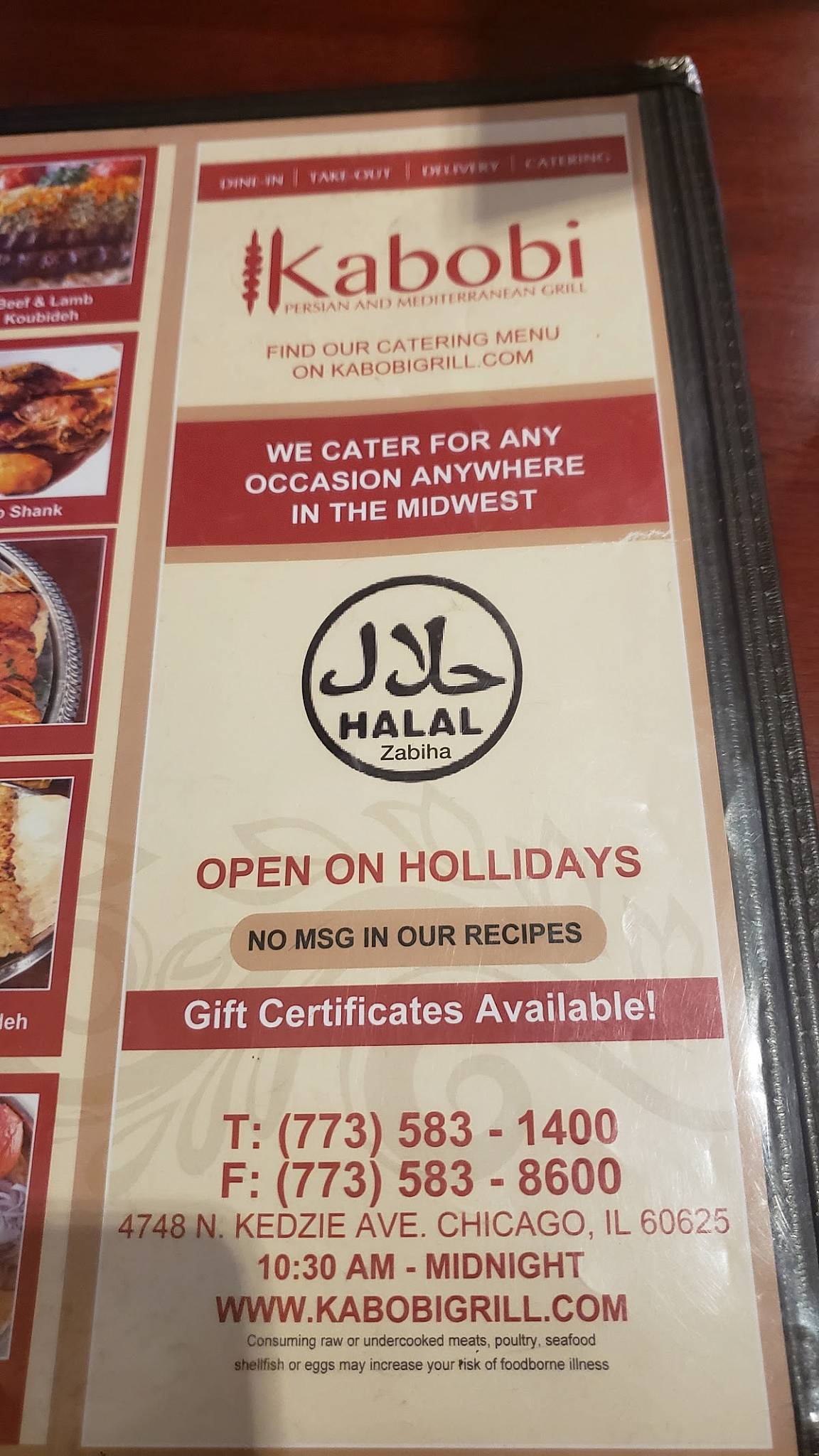 Menu at Kabobi - Persian and Mediterranean Grill restaurant, Chicago